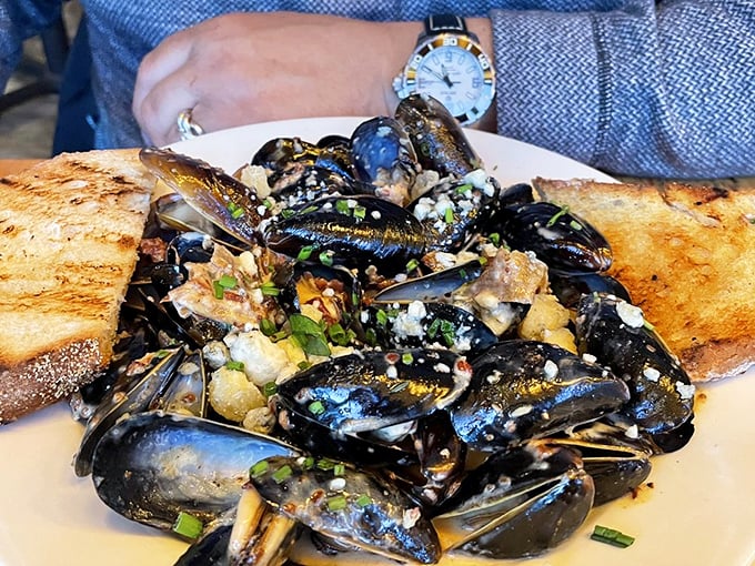 These mussels aren't just steamed – they're pampered in white wine, garlic, and herbs until perfectly tender.