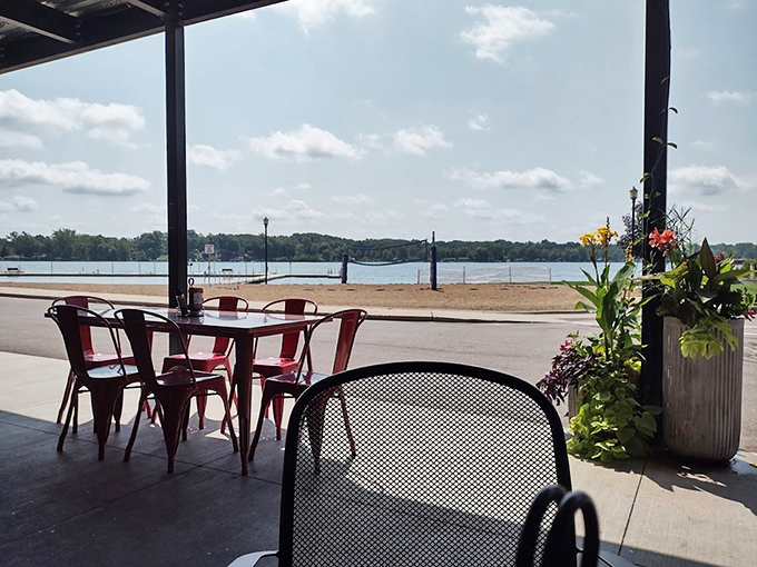 Turquoise chairs and lake views create the perfect spot for turning lunch into an afternoon escape.