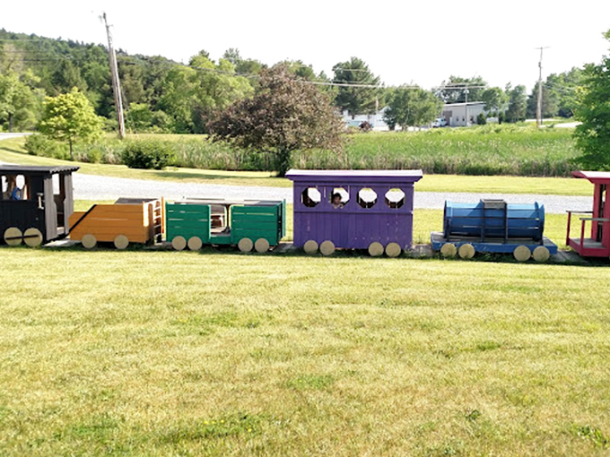 All aboard the imagination express! This cheerful wooden train formation greets visitors with a burst of Vermont-made whimsy.