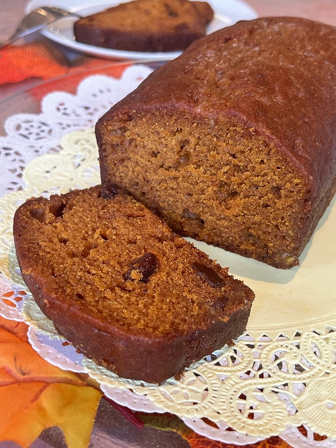 Pumpkin tea cake that's not afraid of a little brandy. It's like a cozy sweater for your taste buds.