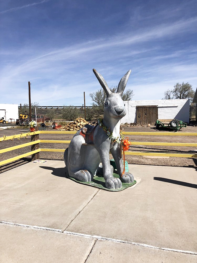 The trading post's mascot, a giant concrete jackrabbit, keeps watch over visitors like a quirky desert sentinel.