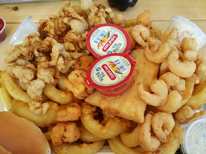 A seafood feast fit for a coastal king, with enough fried goodness to make any food lover's heart skip a beat.