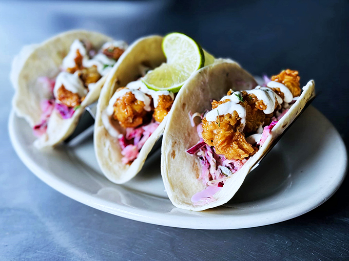 Crispy fish tacos get the Maine treatment with fresh slaw and a lime wedge that's begging to be squeezed.