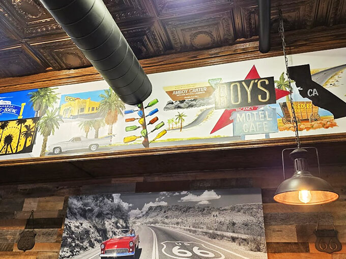 A road trip through America's past, painted right on the walls. Those vintage signs tell stories of countless journeys.
