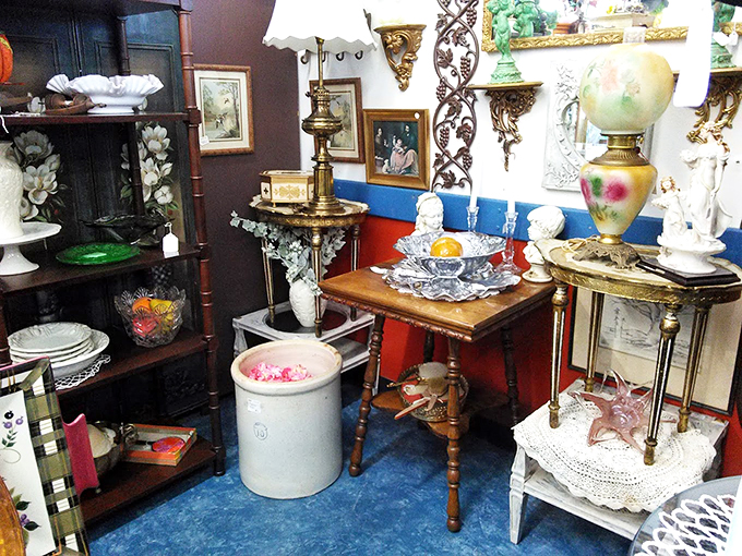 Blue walls, red accents, and a rainbow of vintage treasures. It's like walking through a kaleidoscope of American history.