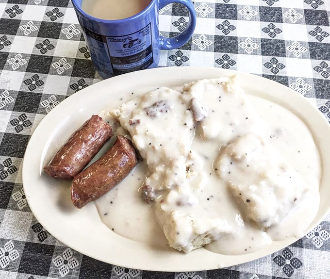 Biscuits and gravy: the South's answer to cloud nine. This plate is so comforting, it should come with a pillow and a lullaby. Photo credit: Don C.