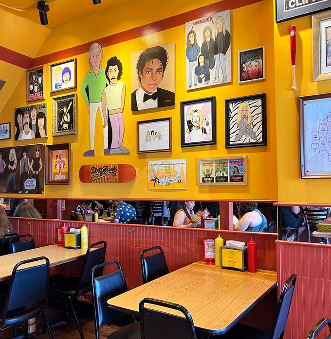 It's like pop culture exploded on the walls! This decor is a feast for the eyes that'll keep you entertained between bites.