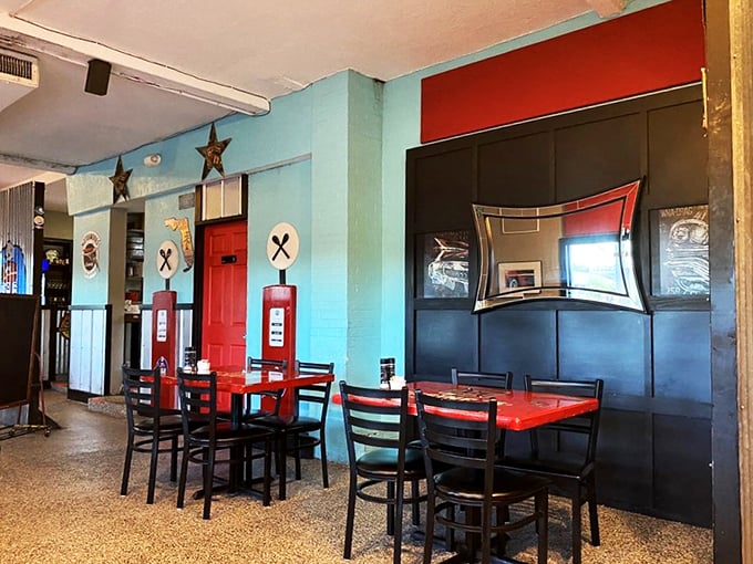 Dining room or automotive museum? Why not both! This decor is giving me serious "American Graffiti" vibes, with a side of yum.