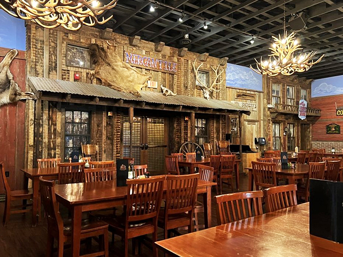 Who needs a time machine? This saloon-style interior whisks you back to the days of Wyatt Earp, but with much better plumbing.