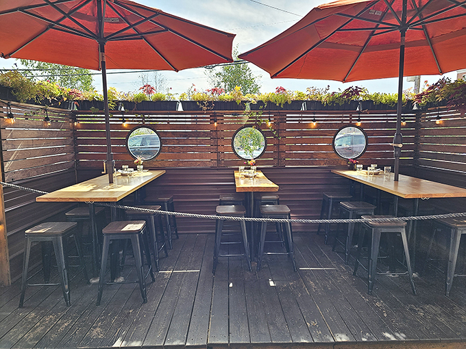 Outdoor seating that's more inviting than a warm bath on a cold day. Just add fries and friends for perfection.