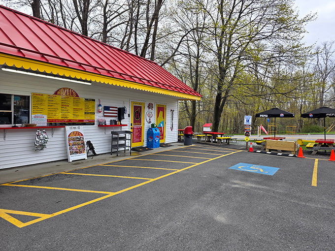 The parking lot and outdoor setup create that classic drive-in atmosphere where eating outside feels like part of the adventure, not just a backup plan for lack of indoor seating.