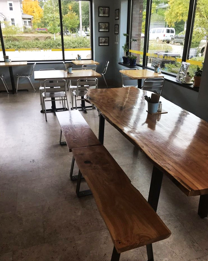 Pull up a chair and stay awhile. With its mix of cozy tables and rustic benches, this space feels like the living room you wish you had.