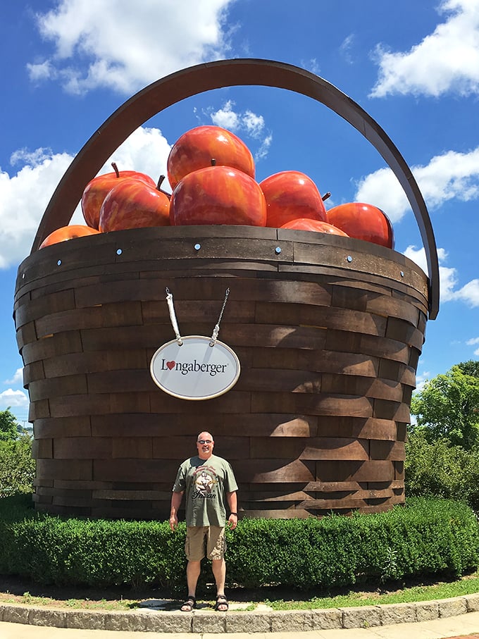 "I swear it was this big!" Finally, a fish tale you can believe &ndash; except it's about apples and baskets instead.