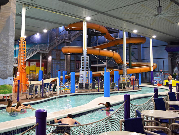 The lazy river winds past towering orange slides, creating an oasis where winter blues don't stand a chance.