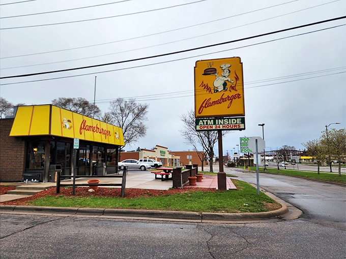 Flame-grilled perfection, any time of day! Flameburger's yellow sign is like a bat signal for burger lovers.