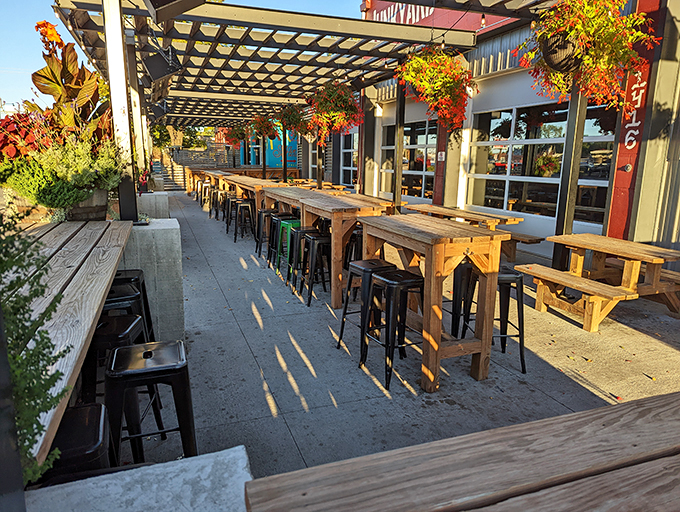 Junkyard's jovial patio. Picnic tables, string lights, and experimental brews &ndash; it's like an adult playground for your palate.