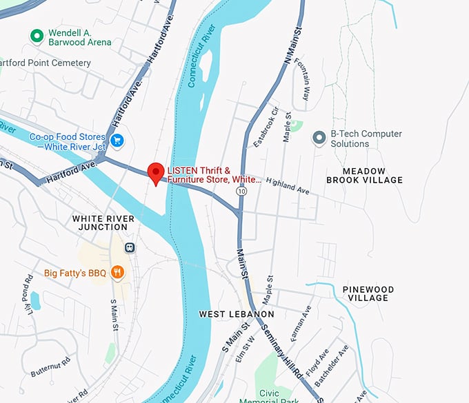 listen thrift & furniture store, white river junction map