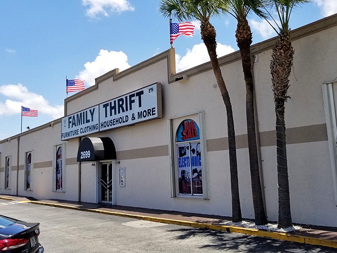 Welcome to the bargain hunter's Shangri-La! Family Thrift Store's exterior promises treasures within, with American flags waving you into a world of wallet-friendly wonders.