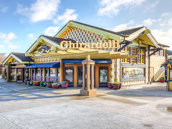 A chocolate lover's dream come true! Ghirardelli's charming exterior beckons you into a world where calories don't count and happiness is measured in scoops.