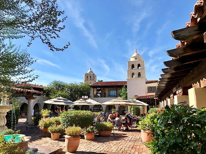 Step into a postcard from the Old West! This sun-drenched courtyard is where Clint Eastwood meets cozy charm, complete with bell towers and blooming flowers.