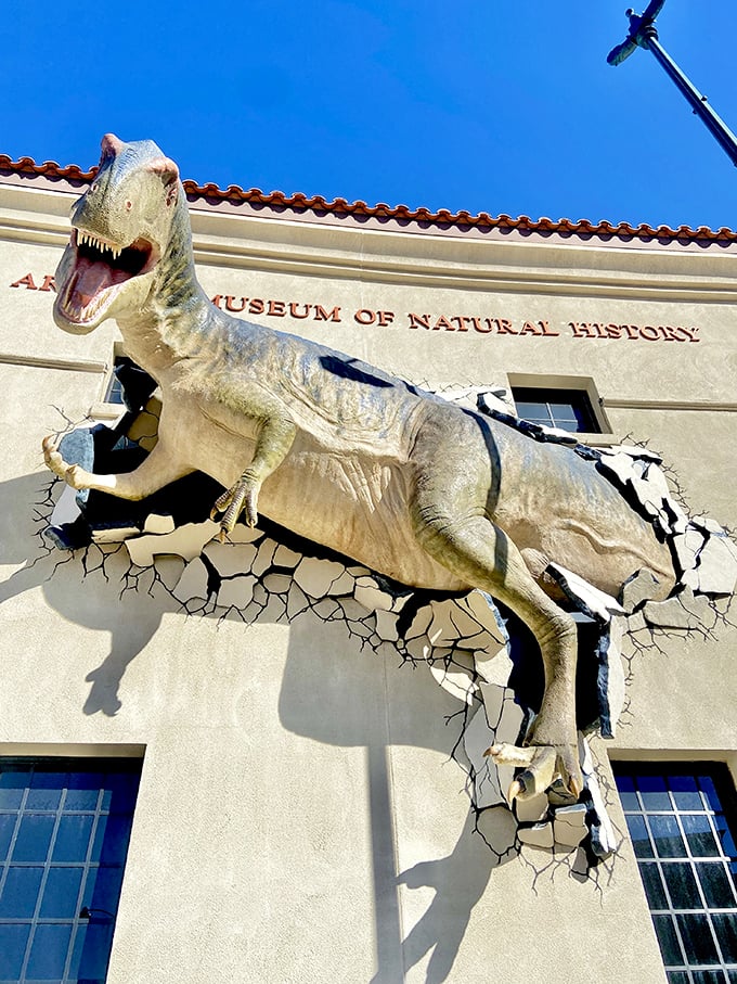 Who needs a doorbell when you've got a T-Rex bursting through the wall? Now that's what I call a prehistoric doorman!