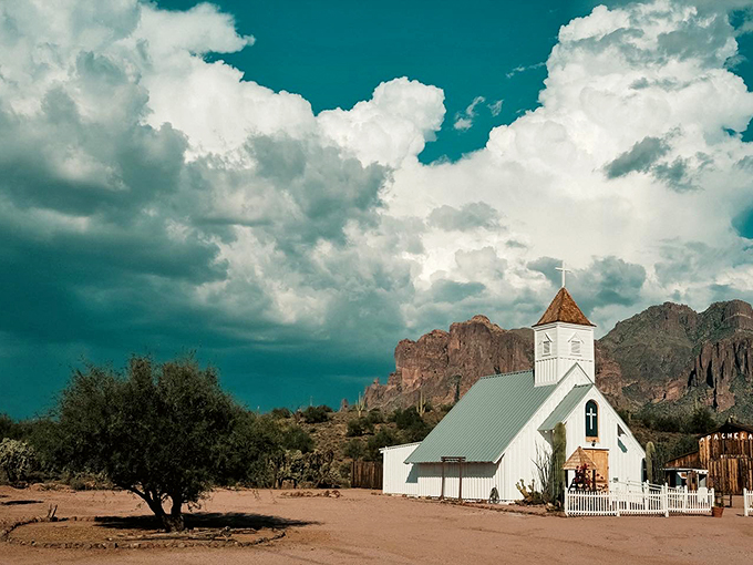 A heavenly sight: This pristine chapel stands like a beacon of hope against the rugged Superstition Mountains, inviting both sinners and saints to marvel at its beauty.