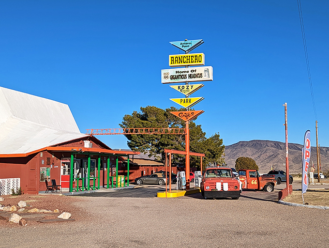 Welcome to Antares Point, where Route 66 meets Willy Wonka's Chocolate Factory for road-trippers! This colorful oasis in the desert is a feast for the eyes and a balm for the nostalgic soul.