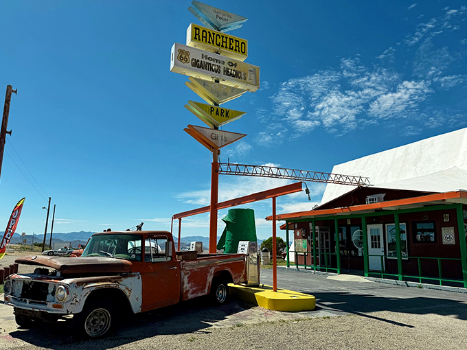 Welcome to Antares Point, where Route 66 meets Willy Wonka's Chocolate Factory for road-trippers! This colorful oasis in the desert is a feast for the eyes and a balm for the nostalgic soul.