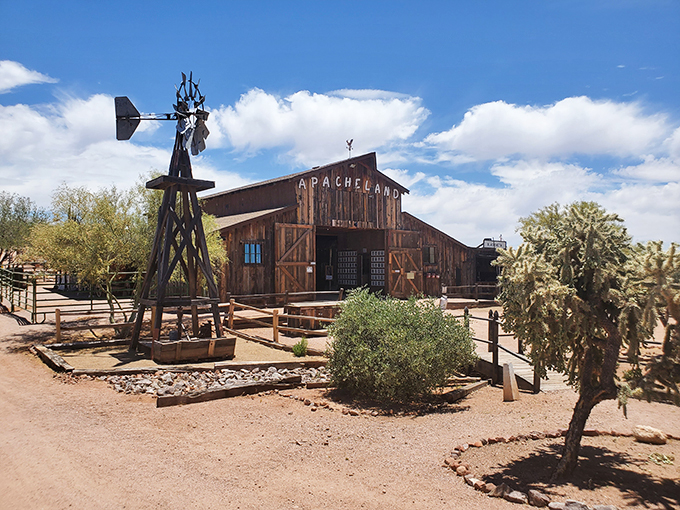 Welcome to the Wild West time machine! This rustic barn and windmill combo screams "Howdy, partner!" louder than John Wayne at a rodeo.