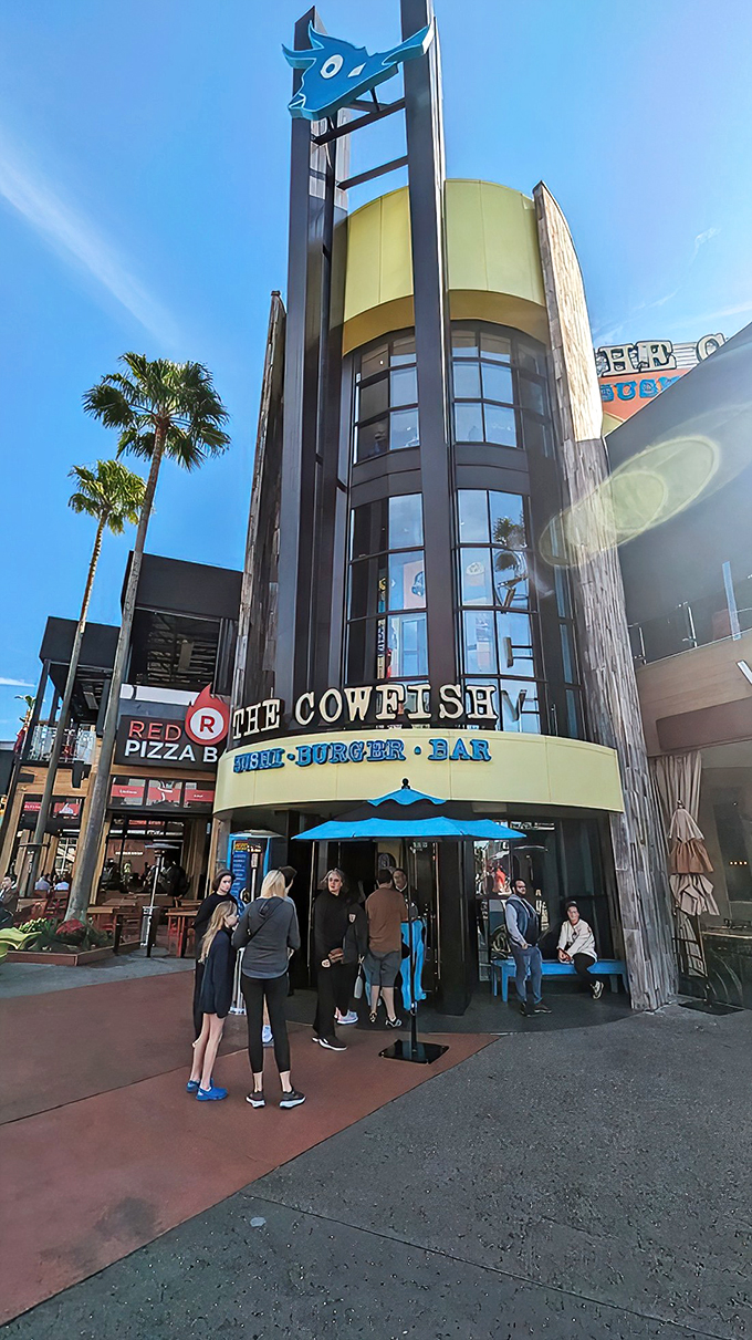 Welcome to flavor town! The Cowfish's eye-catching exterior promises a culinary adventure that's as bold as its blue fish mascot.