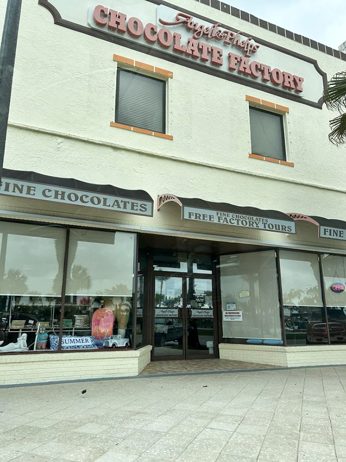 A chocolate lover's dream come true! Angell & Phelps Chocolate Factory stands proudly on Daytona Beach, its facade as inviting as the sweet treats within.