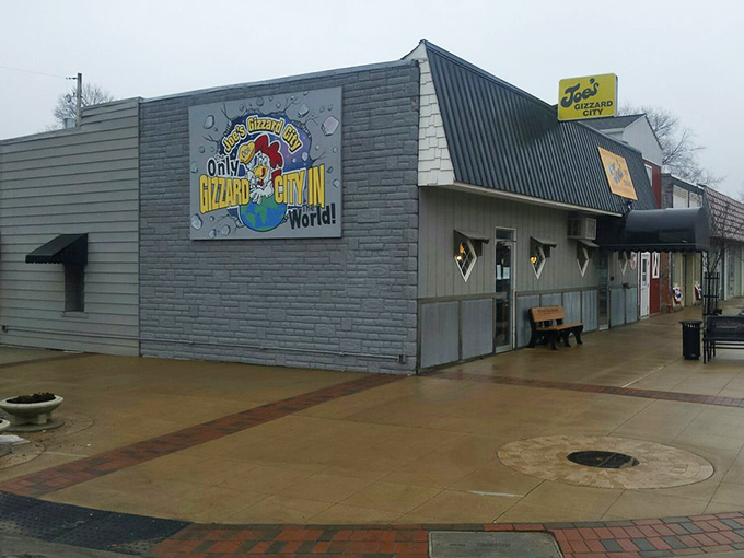 Welcome to gizzard paradise! Joe's Gizzard City stands proud, its cartoon rooster sign beckoning hungry adventurers to a world where deep-frying reigns supreme.