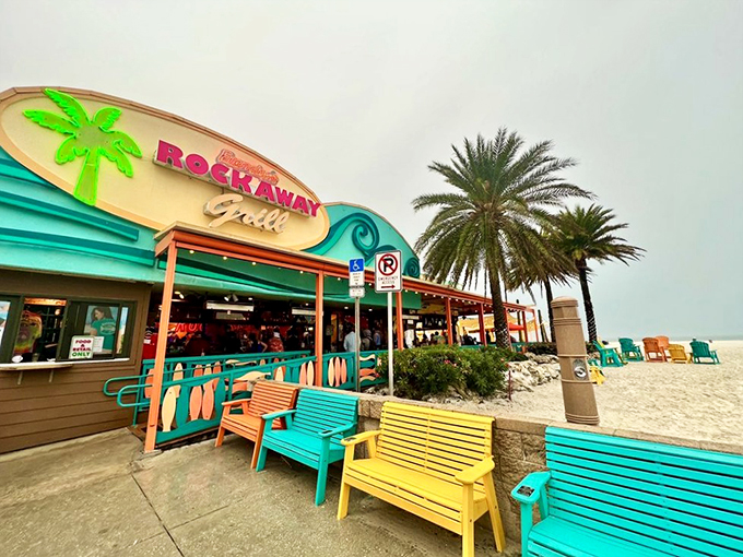 Welcome to paradise! Frenchy's Rockaway Grill's vibrant exterior is like a beacon of deliciousness, calling all beach-goers to indulge in seafood heaven.