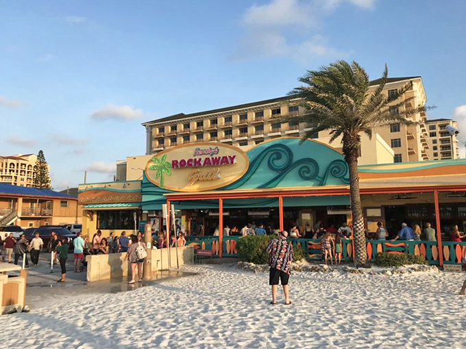 Welcome to paradise! Frenchy's Rockaway Grill's vibrant exterior is like a beacon of deliciousness, calling all beach-goers to indulge in seafood heaven.