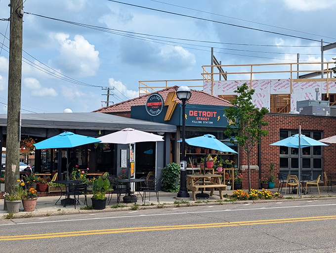 Welcome to plant-based paradise! Detroit Street Filling Station's inviting exterior promises a feast for both the eyes and the taste buds.