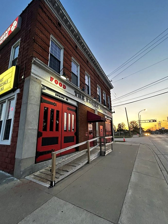 A beacon of culinary delight! The Engine House's brick exterior and bright red doors beckon like a siren's call to hungry souls.