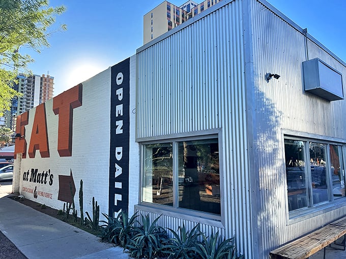 A breakfast oasis in the desert! Matt's Big Breakfast stands out with its crisp white walls and corrugated metal, promising a feast fit for champions.