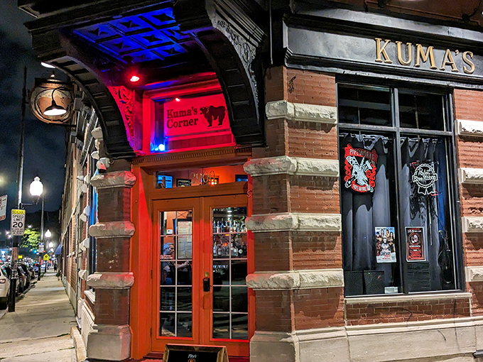 Rock 'n' roll meets comfort food! Kuma's Corner's exterior promises a flavor rebellion with its edgy signage and inviting planters.