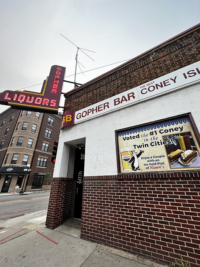 A neon beacon of hope for hungry souls! The Gopher Bar's vintage sign promises liquid courage and legendary Coneys, a siren call to comfort food seekers.