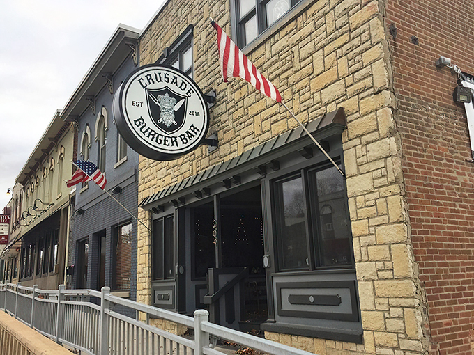 A beacon of burger bliss! Crusade Burger Bar's sign promises a flavor crusade in historic downtown Yorkville.