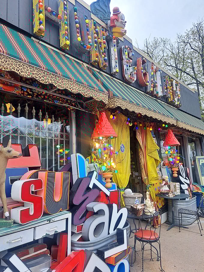 A carnival of colors greets you! Hunt and Gather's facade is like a vintage toy box exploded onto the street, inviting curiosity and wonder.