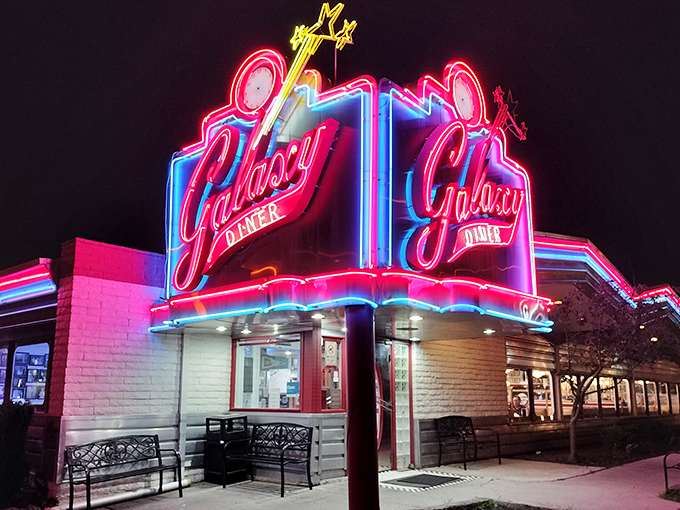 Houston, we have a diner!" This cosmic sign beckons hungry time travelers to Galaxy Diner, where the '50s are always in orbit and the milkshakes are out of this world.