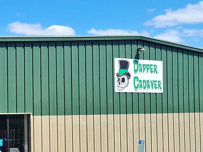 Welcome to the Addams Family's dream home improvement store! Dapper Cadaver's exterior promises a shopping experience that's anything but dead on arrival.