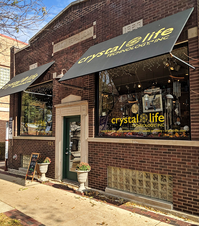 A crystal wonderland awaits! This charming storefront in Geneva, Illinois, promises more sparkle than a disco ball factory.