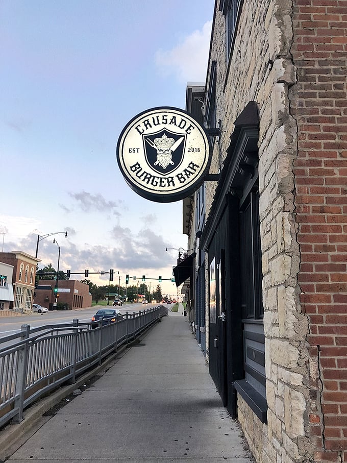 A beacon of burger bliss! Crusade Burger Bar's sign promises a flavor crusade in historic downtown Yorkville.