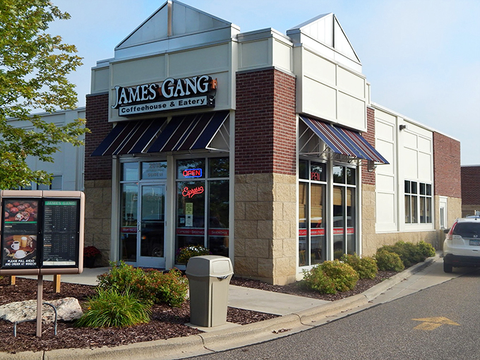 Welcome to burrito paradise! James Gang's exterior promises a cozy retreat from the hustle and bustle, with its inviting awning and charming brick facade.