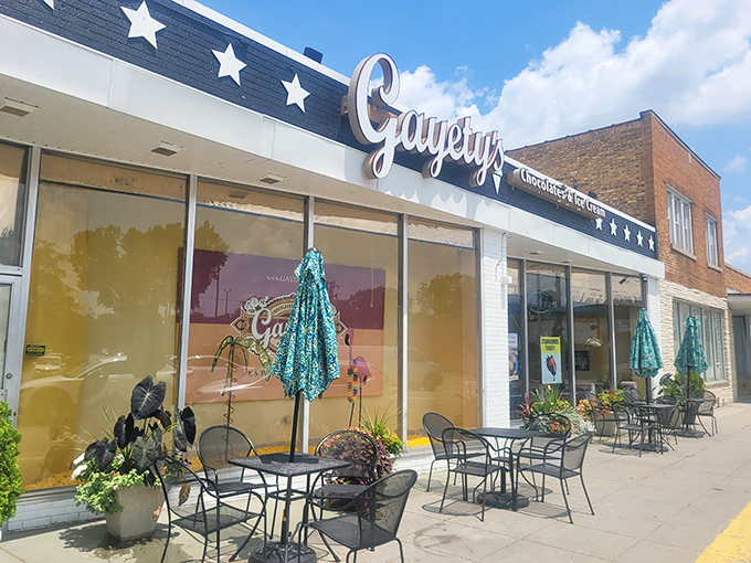 Step into a time machine disguised as an ice cream parlor! Gayety's facade promises sweet nostalgia and modern indulgence in equal measure.