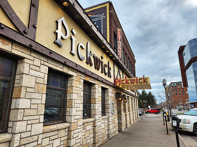 A brick-and-mortar time machine! The Pickwick's exterior promises a journey through Minnesota's culinary history, with a side of nostalgia.