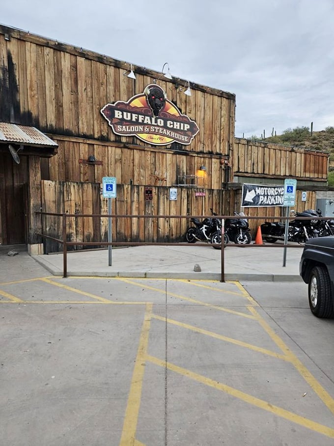Howdy, partner! This ain't no Hollywood set &ndash; it's the real-deal Buffalo Chip Saloon, where the Old West lives on in all its wooden glory.