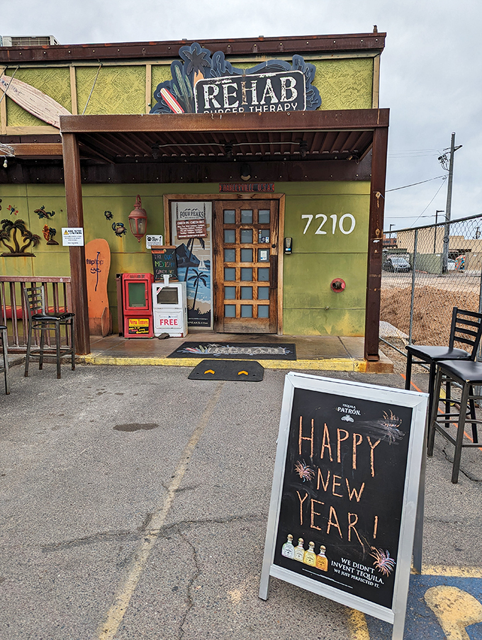 Welcome to burger paradise! Rehab Burger Therapy's vibrant exterior is like a beacon of hope for hungry souls in the Arizona desert.